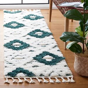 safavieh moroccan tassel shag collection runner rug - 2'3" x 12' runner, green & ivory, boho design, 2-inch thick ideal for the living room, bedroom, dining room (mts688y-212)