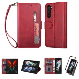 ximand for samsung galaxy z fold 5 5g phone case, zipper slot card wallet case with luxury shockproof cowhide leather, [rfid blocking] folio flip cover protective(red)