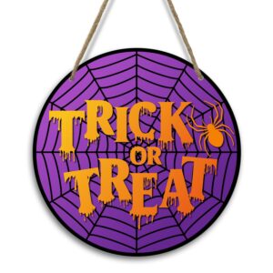 halloween hanging sign with rope, trick or treat spider web sign, front door porch halloween round wood sign, halloween boo party supplies, indoor outdoor decor wall wood sign plaque - 8"(1pc),06