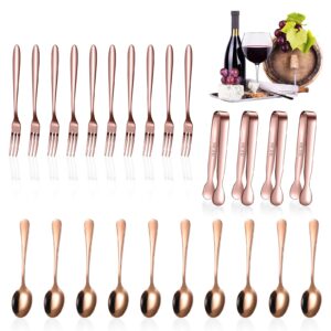 cunhill 24 pcs charcuterie accessories mini cocktail tongs small serving spoons and appetizer forks stainless steel tongs charcuterie utensils for valentine's day party(rose gold, vivid sharp spoon)