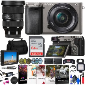 sony alpha a6000 mirrorless digital camera with 16-50mm lens (graphite) (ilce6000l/h) + sigma 24-70mm f/2.8 lens (578965) + filter kit + bag + 64gb card + npf-w50 battery + more (renewed)