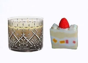 bath & body works- sweet whiskey 3-wick scented candle 14.5 oz burns 25-45 hours and strawberry cake soap