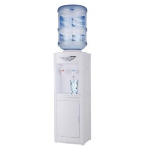 water dispenser for 5 gallon bottle, top loading water cooler hot and cold water cooler dispenser with child safety removable drip tray & storage cabinet for office home school, white