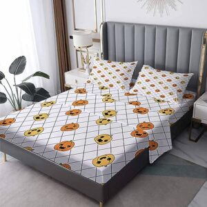 halloween sheets full size, pumpkin geometric bed sheets, patterned bedding sheets & pillowcases 4 piece set - soft microfiber deep pocket fitted sheet & flat sheet & 2 pillow cases m5-&-97