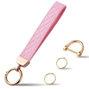 weixiltc leather wristlet keychain, car key chain holder with 2 key ring and anti-lost d ring, key fob wristband for women (pink)