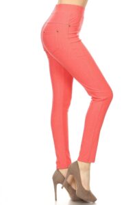 leggings depot women's cotton blend stretch pull-on jeggings casual pants with pockets (coral, medium)