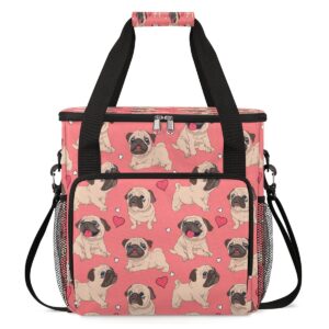 cartoon pugs dogs coffee maker carring bag pink background travel carrying tote bag compatible with keurig k-mini or k-mini plus portable single serve coffee brewer case with pockets for k-cup pods