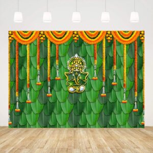 ticuenicoa india pooja traditional backdrop 7x5ft banana leaf green chatiya ganesh photography background puja ganpati pooja mehndi backdrops wedding party decorations marigold garlands photo props