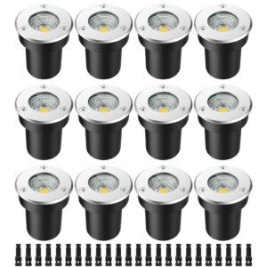 icreating low voltage landscape lights, 6w outdoor in-ground lights ip67 waterproof led well lights 12v garden light daylight white in ground lights for outside path uplighting with connector (12pack)