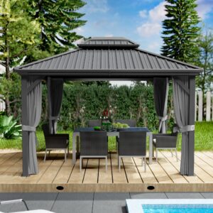 kozyard caesar 10'x12' hardtop gazebo - permanent metal pavilion with netting and shaded curtains for patio, backyard, and deck - galvanized steel outdoor aluminum canopy, double roof gazebo (grey)