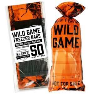 klarny outdoors wild game freezer bags for ground meat or venison, 1.5 lb blaze orange camouflage hunting meat packaging storage system with twist ties for preventing freezer burn (50 bags)