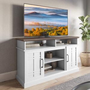 belleze modern 48" farmhouse wood tv stand & media entertainment center console table for tvs up to 50 inch with open storage shelves & cabinets - norrell (white)