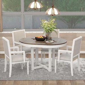 woznla 5-piece dining table set - round to oval extendable butterfly leaf wood table with 4 upholstered dining chairs with armrests - ideal for kitchen and family gatherings