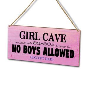 pink bedroom décor wood plaque sign wall hanging, girl cave no boys allowed except dad, decor door wooden hanging sign (1pc), art gift for farmhouse bathroom bedroom playroom -01