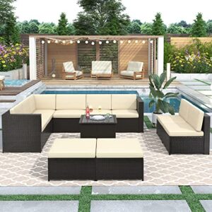 gingvat 9 piece rattan furniture sectional seating group with table, single chairs and ottoman, outdoor pe wicker conversation sofa set, brown+beige