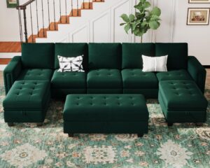 belffin modular sectional sofa set velvet u shaped sofa set with reversible wide chaise convertible corner sectional sofa couch set with storage ottoman green