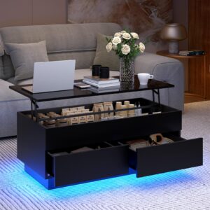 hommpa 40'' lift top coffee table for living room, black coffee tables with storage, led modern coffee table rectangular black gloss, flip top center table with 2 drawers and hidden compartment