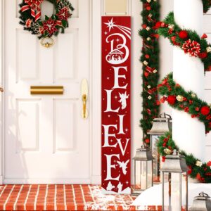 fairysandy christmas welcome sign jesus front porch hanging sign believe standing vertical wooden sign xmas front door sign for xmas holiday outdoor yard front door porch decor, 47x7.9 inch(believe)