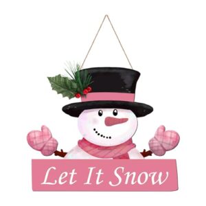 qunclay pink let it snow door sign winter christmas door decoration wooden snowman front door decor christmas door sign hanging decoration christmas wall decor door hanger for home porch, 11.81 inch