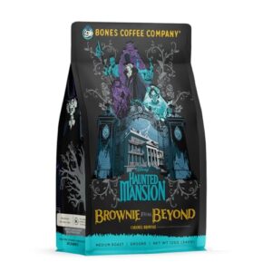 bones coffee company brownie from beyond ground coffee beans, caramel brownie flavor, low acid coffee, made with arabica coffee beans, medium roast coffee inspired by disney's haunted mansion (12 oz)