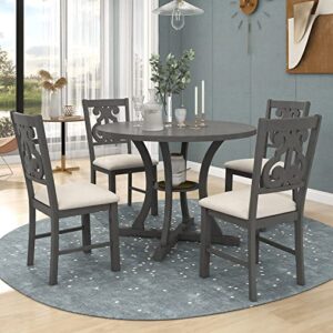 fiqhome dining table set, 5-piece round dining table and chair set with special-shaped legs and an exquisitely designed hollow chair back in the dining room,grey