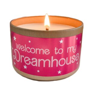 moonlight makers, welcome to my dreamhouse, vanilla breeze scented handmade candle, natural soy wax candle, 25+ hour burn time, 8oz tin