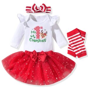 aalizzwell 3-6 months baby girls christmas clothes infant my 1st xmas tulle skirt buffalo plaid outfit with leg warmers clothing deer elk