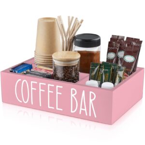 alelion pink coffee station organizer with removable dividers - wood coffee bar accessories organizer for countertop - coffee pod storage basket for k cup sugar tea - pink kitchen coffee bar decor