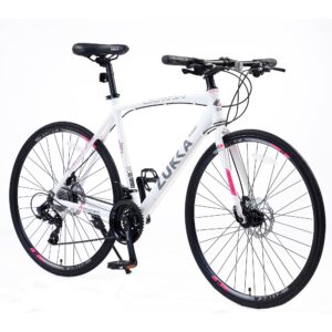 l-twoo road bike 700c wheels 3 x 8/24 speed dual disc brake road bike straight handlebar smooth shifting hybrid bike commuter bike for women men junior senior, white