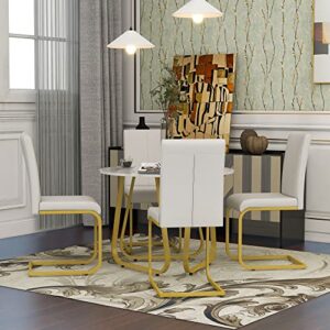 yuihome 5-piece round dining furniture set with faux marble table and four chairs with metal legs for kitchen, and living room, 5pcs, white