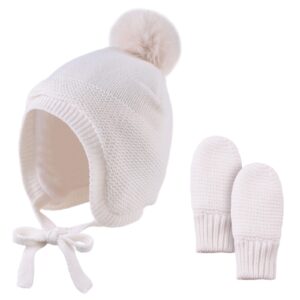 basic winter baby beanie gloves boys girls knitted hat pompom kids earflap hats warm infant toddler beanie mittens set(white(hat+gloves),s)