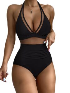 rxrxcoco women sexy v neck mesh one piece bathing suit halter push up tummy control swimsuit swimwear x-large black