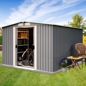 evedy outdoor shed - 10 x 8 ft storage sheds galvanized metal shed with slide door, tool storage backyard shed bike shed, tiny house garden tool storage shed for backyard patio lawn