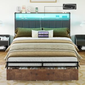 amerlife led bed frame with drawers, queen platform bed frame with 2-tier storage & leather upholstered & charging station headboard, no box spring needed, easy assembly, noise free, rustic brown