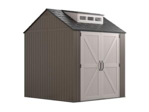 rubbermaid large resin outdoor storage shed with floor (7 x 7 ft.), weather resistant, brown, organization for home/lawn mower/backyard equipment/bike storage/pool supplies