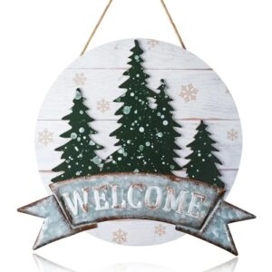 winter welcome sign for door wall decor - walasis outside winter wreath for front door hanging christmas signs with tree snowfalke rustic wooden welcome decoration