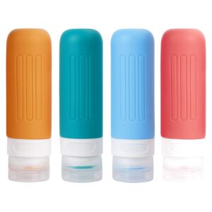 meartchy 4 pack travel bottles for toiletries, 3oz leak proof silicone travel size toiletries bottles, bpa free squeezable travel size containers, tsa approved travel essentials (multicolor)