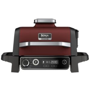 ninja og701 woodfire outdoor grill & smoker, 7-in-1 master grill, bbq smoker, air fryer plus bake, roast, dehydrate, & broil, uses woodfire pellets(1 pack included), portable, electric, red (renewed)