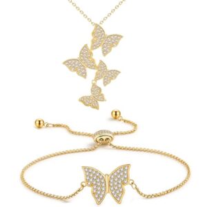 maarring butterfly jewelry set - 14k gold plated dainty butterfly necklace bracelet set with cubic zirconia, birthday bar mitzvah gifts for women (gold)