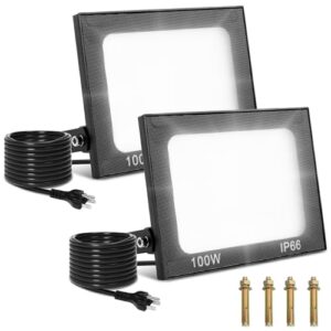 2 pack led flood lights outdoor 100w with plug 10,000lm super bright led work light ip66 waterproof outdoor security plug in outside light 5000k daylight white floodlight for yard garden garage house