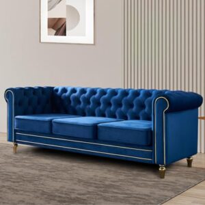 nioiikit 84.65” chesterfield velvet sofa, button tufted upholstered couch with scroll arms, 3 seater long couch for living room, bedroom, office, apartment (chesterfield, blue)