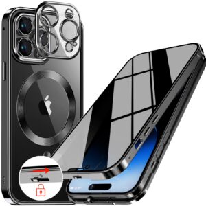 upholyee [cd metal ring & automatic pop-up lock magnetic privacy case for iphone 13 pro max [compatible with magsafe] [integrated lens protection] full body bumper cover with built-in 9h glass-black