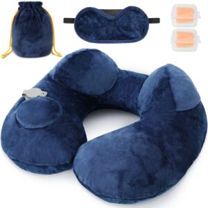 self-inflatable travel pillow with eye mask earplugs compact bag, inflatable neck pillow support for sleeping and traveling, airplane pillow for long flight, neck cushion for car home office train