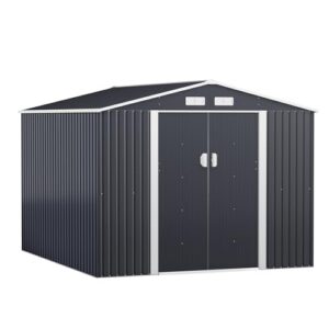 oelubby 9.1' x 10.5' storage shed outdoor metal storage clearance, utility large shed tool house for backyard garden lawn mower equipment organizer w/lockable sliding door, vents, floor frame - gray