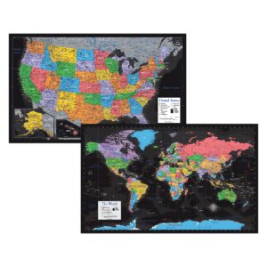 2 pack - laminated world map & us map poster set - wall chart map of the world & united states - made in the usa [black]