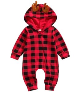 liomengzi christmas baby girl boy romper clothes red plaid checked hooded bodysuit jumpsuit xmas toddler baby xmas 1st outfit (red, 6-12 months)