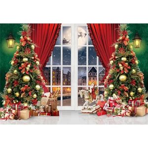 laeacco 8x6ft christmas photography backdrop polyester christmas window view red curtain background xmas trees white horse santa gifts merry christmas party decor banner portrait photo studio shoot