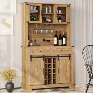 artpower coffeee bar cabinet with wine&glass racks, 72" hutch storage cabinet with farmhouse sliding barn door, kitchen pantry buffet cabinet with drawers for dining room, oak