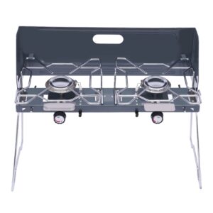 gas camping stove, portable 2 burner stovetop,stainless steel drip tray, foldable legs with wind panels for patio camping, bbq