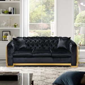 anwick velvet chesterfield sofa classic 3 seater couch modern upholstered sofa with tufted back and two pillows for living room office (black)